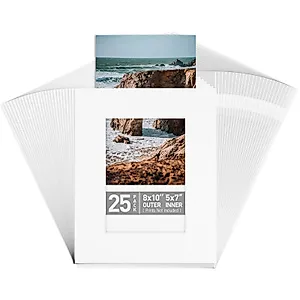 Golden State Art, Pack of 25 White Slip-in Photo Mat with Backing Board Pre-Adhesived, Includes 25 Clear Storage Bags, Cardboard Mounting Frame (8x10 for 5x7 Photos)