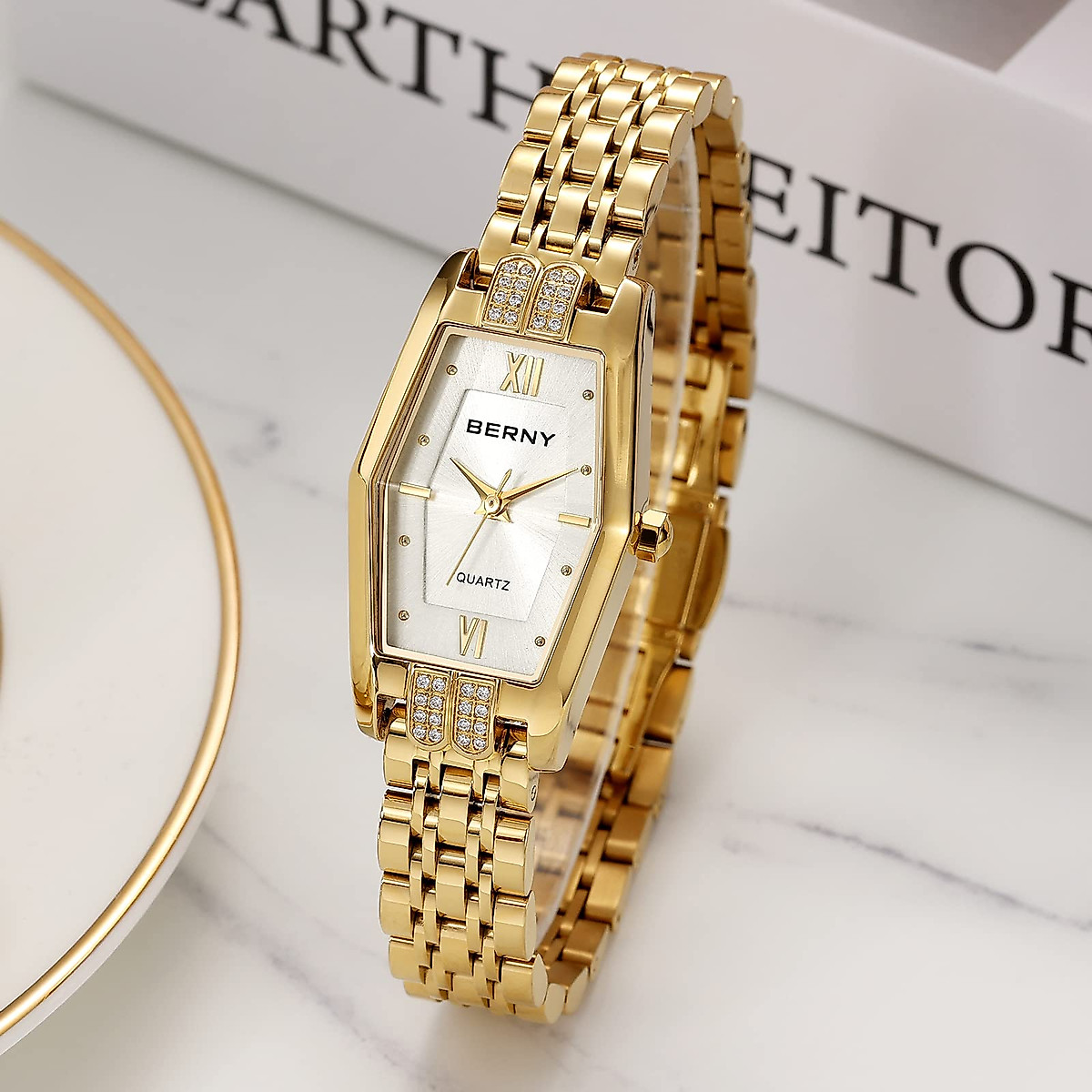 BERNY Gold Watches for Women Dainty Hexagon Ladies Quartz Wrist Watches Stainless Steel Band Fashion Analog Watch Luxury Bracelet(White Dial)