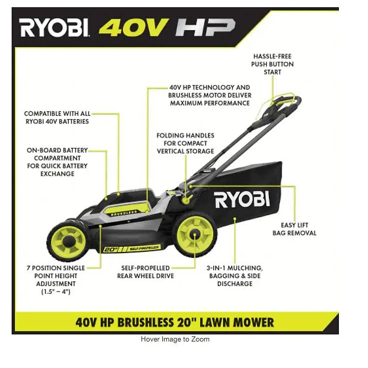 RYOBI ONE RYOBI 40V HP Brushless 20 in. Cordless Electric Battery Walk Behind Self-Propelled Mower with 6.0 Ah and Charger, Black