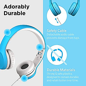 LilGadgets Connect+ Kids Headphones Wired with Microphone, Volume Limiting for Safe Listening, Adjustable Headband, Cushioned Earpads for Comfort, Toddler Headphones, Blue