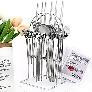 24-Piece Mirror Silver Cutlery Set, Snplowum Stainless Steel Flatware Hanging Tableware Silverware Set Include Knife/Fork/Spoon/Teaspoon and Storage Rack For Daily Use, Service For 6
