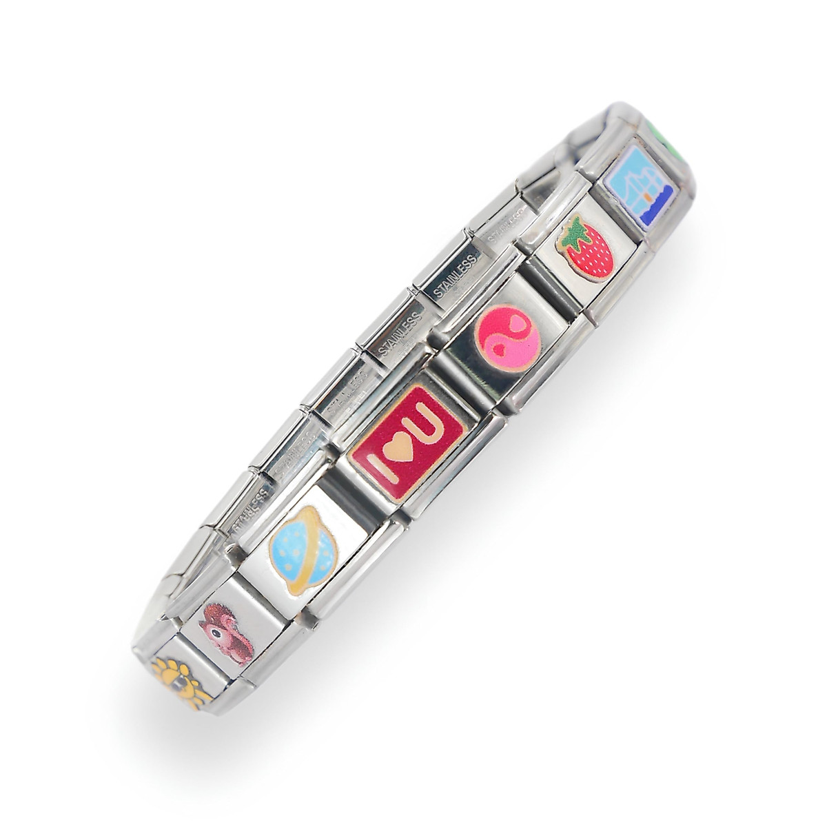 Decorated Italian Charm Bracelet, 18 charm bracelet with unique designs. 6.9 inches long, interchangeable charms
