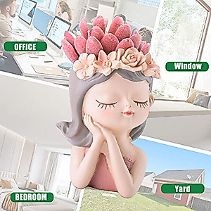 Yukawang Cute Succulent Pots Fairy Succulent Plant Pot, 4 Inch Indoor Resin Unique Cactus Flower Pot with Little Girl Head Face Planter Container for Home Office Desk Garden (D)