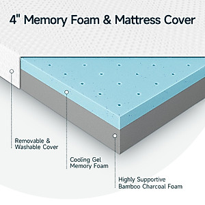 4 Inch Queen Size Gel Memory Foam Mattress Topper with Ice Silk Touch Cover, High-Density Bamboo Charcoal Foam Mattress Bed Topper, Washable Cover Pressure Relief, Soft Firmness CertiPUR-US Certified