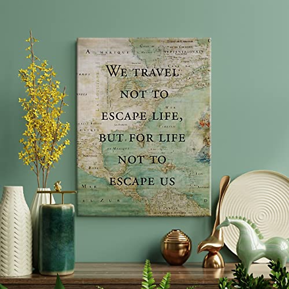 LEXSIVO Retro Style Inspirational Travel Quote Print Canvas Wall Art Home Office Decor We Travel not to Escape Life Painting 12x15 Canvas Poster Framed Ready to Hang