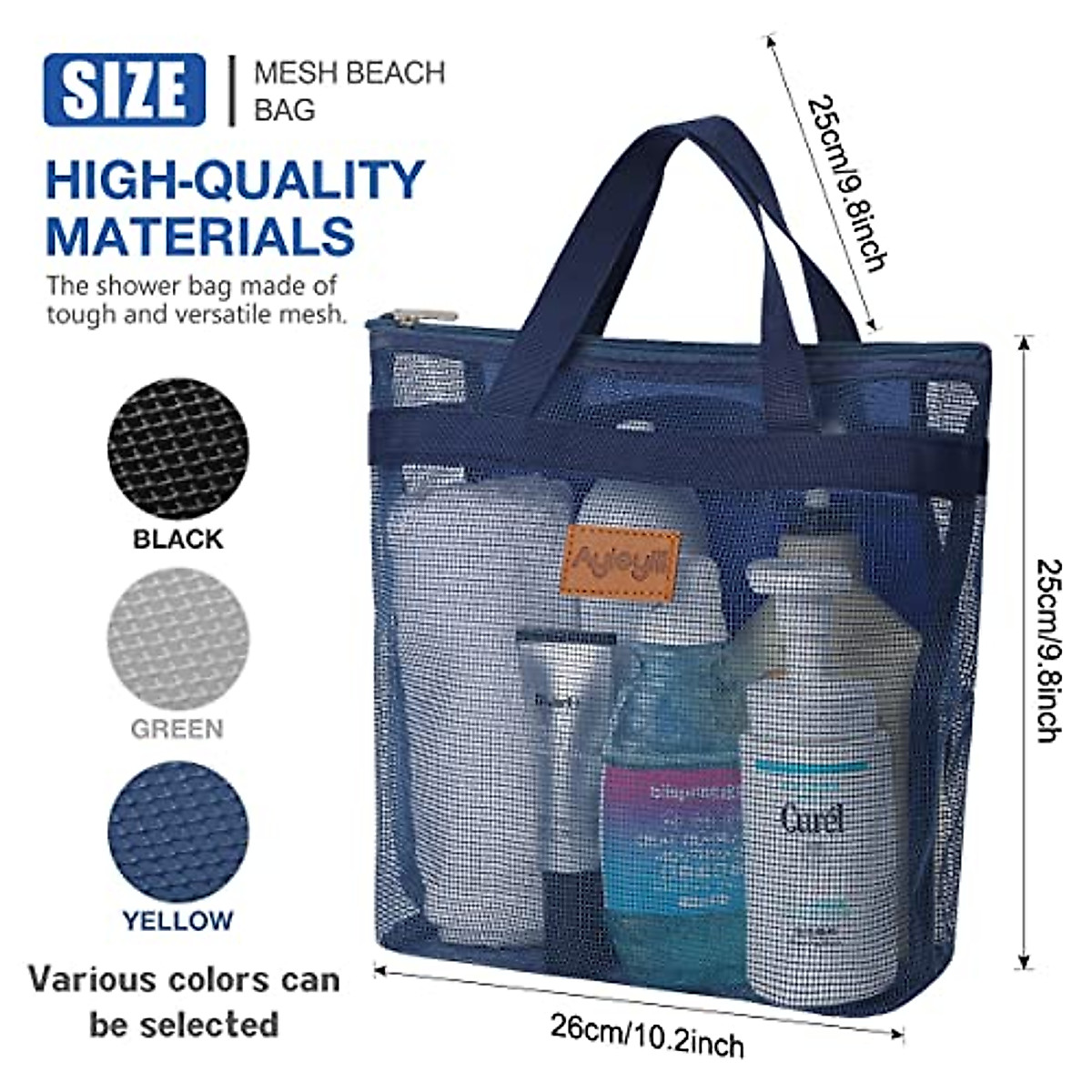 3 Pcs Portable Mesh Shower Caddy Tote, Quick Dry Tote Bag Mesh Beach Bags for Women, Hanging Toiletry and Bath Organizer for Travel Swimming Sports Gym Camp Shopping College Dorms (Black Gray D Blue)