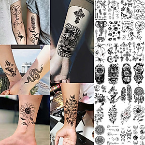 Bilizar 64 Sheets Long Lasting Flower Temporary Fake Tattoos For Women Arm Neck, Jellyfish Sunflower Moon Rose For Adults Girl, 3D Temp Realistic Snake Tatoo Stickers Serpent Peony Floral Kids