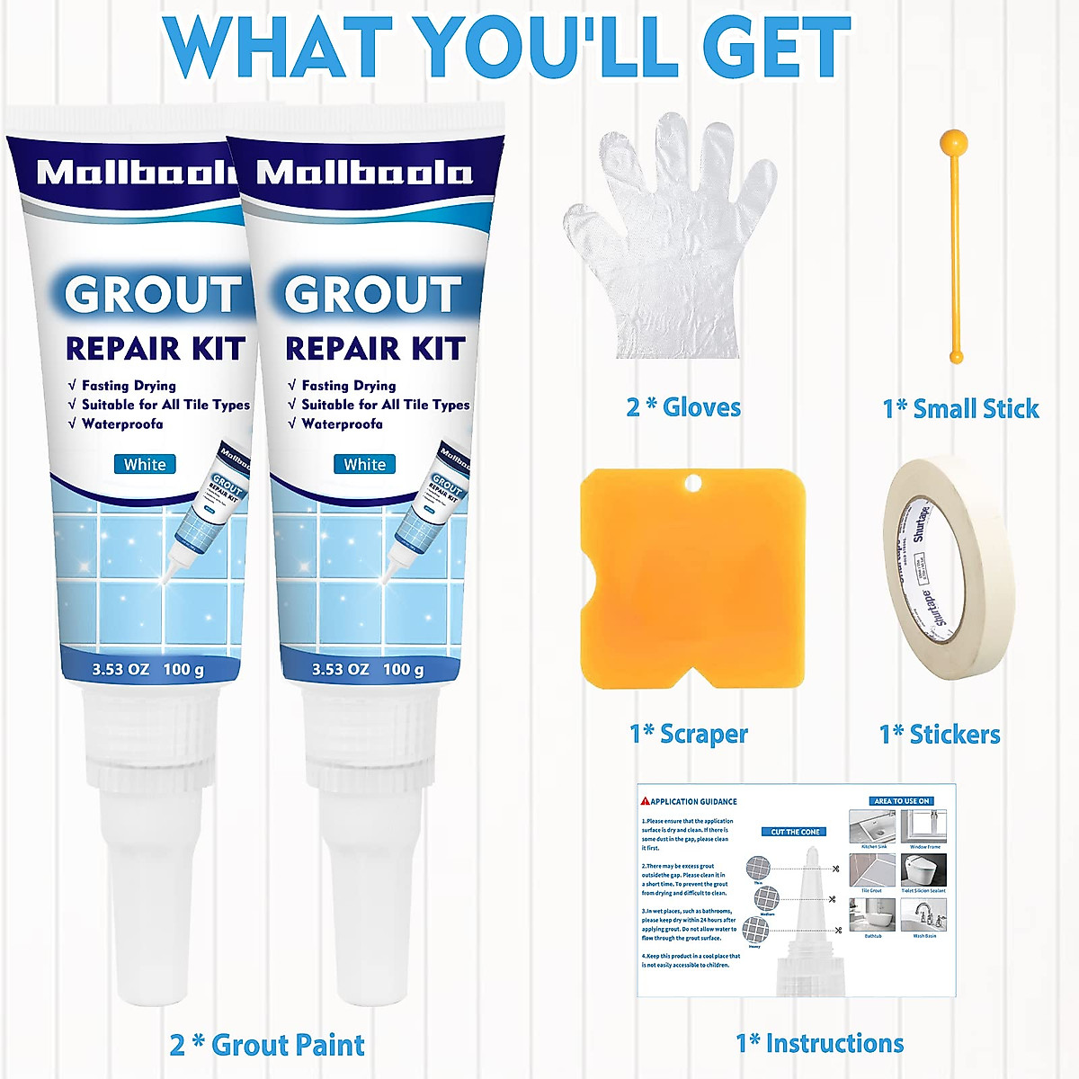 Mallbaola Grout Repair Kit, 2 Pack White Grout Filler Tubes, Grout Sealer Bathroom Shower Kitchen Floor Tile, Fast Drying Tile Grout Paint, Restore and Renew Tile Joints Line, Gaps, Replace Grout Pen