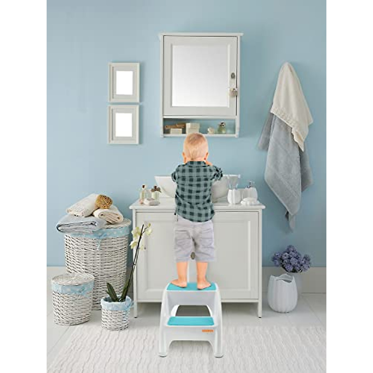 Dreambaby Toddler & Me 2 Step Stool - Designed for Kids & Adults - Holds up to 300lbs Maximum Weight Capacity - 10.5inch Tall & 15.4inch Wide - with Anti Slip Base Pads - Aqua - Model L6070