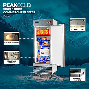 PEAKCOLD Single Door Commercial Reach In Stainless Steel Freezer, White Interior; 23 Cubic Ft, 29 Wide inch