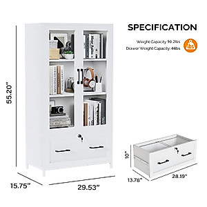 VINGLI Wood Lateral File Cabinet With Bookshelf With Glass Doors And Adjustable Shelves for Home Office, White Filing Cabinet With Lock for Hanging Letter/A4/Legal Size Labeled Folders,30W x 16D x 55H