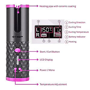NGP Automatic Hair Curler, Cordless Auto Hair Curler with 6 Temps & Timers & LCD Display, Portable Wireless Hair Curler, Rechargeable, Self-Hair Curling Iron for Lasting Shiny Curls