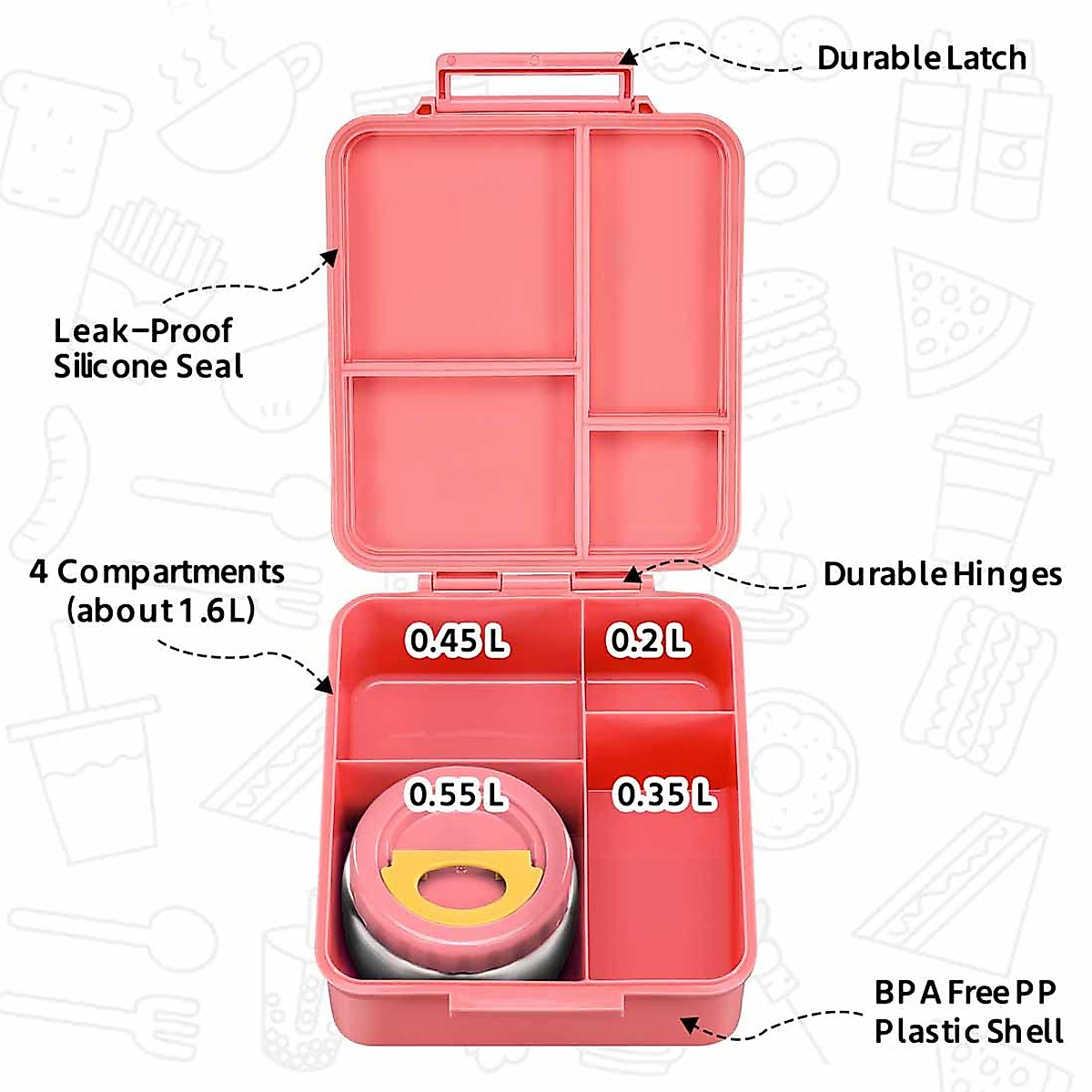 MAISON HUIS Bento Lunch Box for Kids With 8oz Soup Thermo, Leakproof Lunch Compartment Containers with 4 Compartment Bento Box, Thermo Food Jar and Lunch Bag, BPA Free,Travel, School(Flamingos)