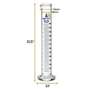 EISCO Graduated Cylinder, 250ml - Class A Tolerance ±1.00ml - Round Base - Blue Graduations - Borosilicate 3.3 Glass