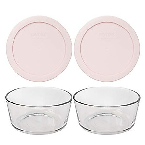 Pyrex (2 7201 4 Cup Glass Dishes & (2) 7201-PC 4 Cup Loring Pink Lids