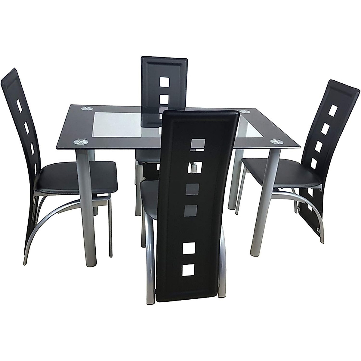 Kootlena 5 Piece Black Modern Glass Dining Table Set for 4, 43" x 27.6" x 28.9" Rectangular Tempered Glass Table with 4 PVC Leather Chairs