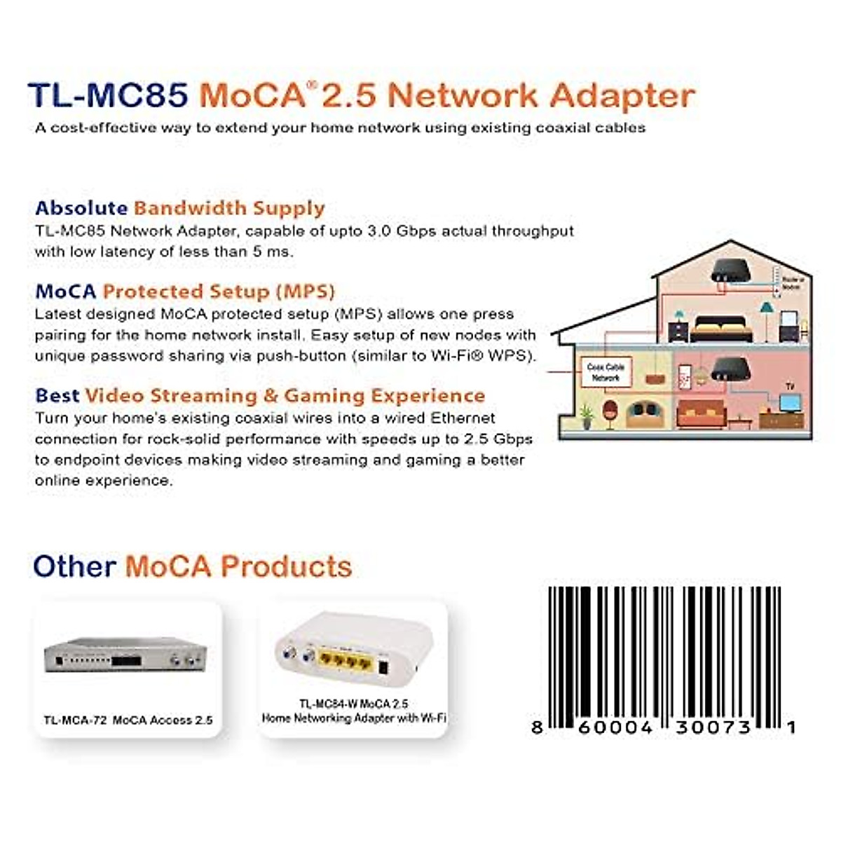Translite Global MoCA 2.5 with 2 Ethernet Ports - Ethernet Over Coaxial Adapter | 1 x 2.5 Gbps Ethernet Port + 1 x 1 Gbps Ethernet Port | Model: TL-MC85