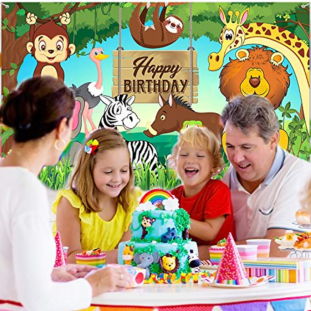 Jungle Animal Theme Backdrop for Birthday Party, Large Fabric Safari Animal Elements Printed Happy Birthday Backdrop Funny Cartoon Forest Background for Birthday Party Decorations, 6 x 3.6 ft