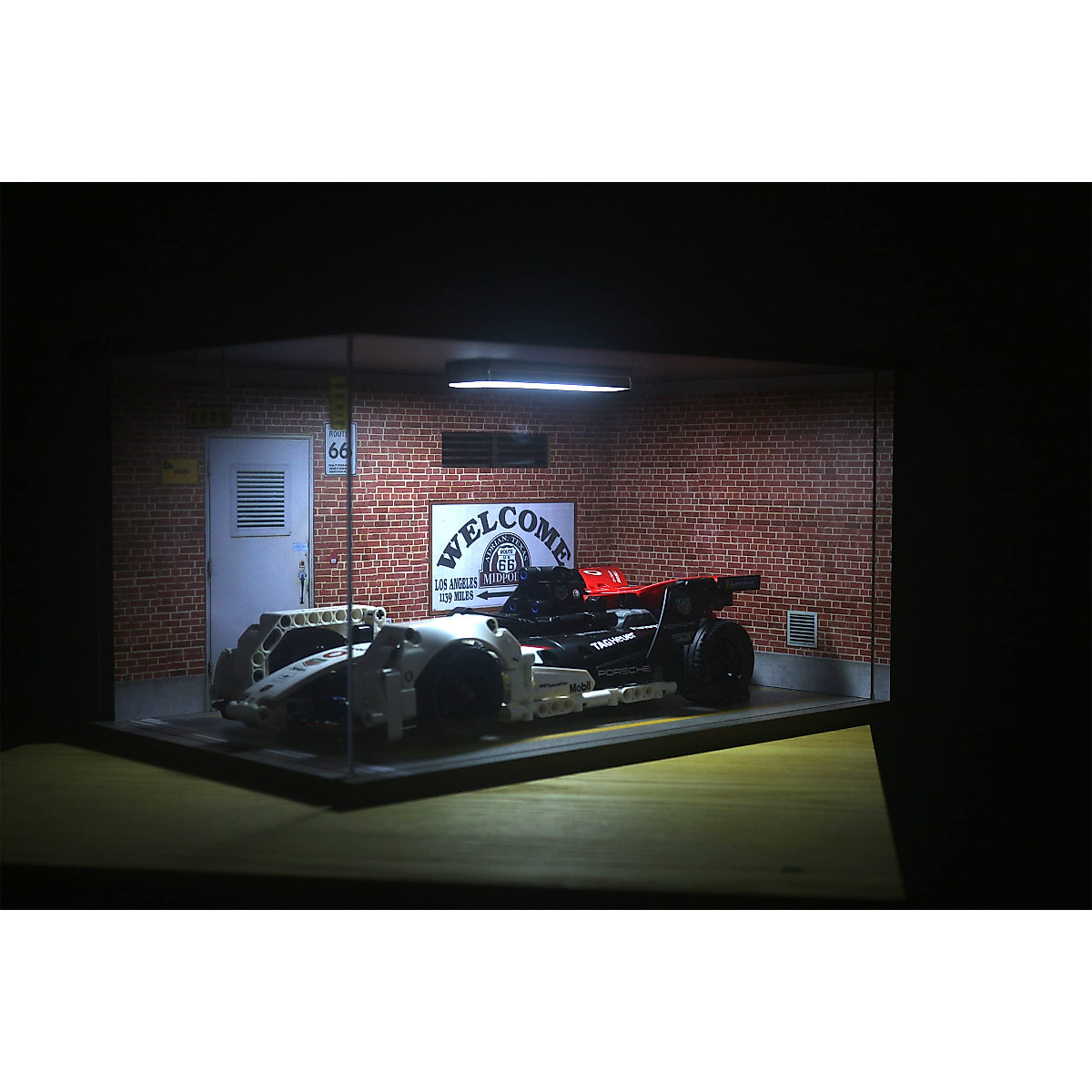 1/18 Scale Model Car Display Case - 1:18 Car Garage Display Case with Clear Acrylic Cover and LED Lighting for Die-Cast Cars, 1 Parking Route 66-Left