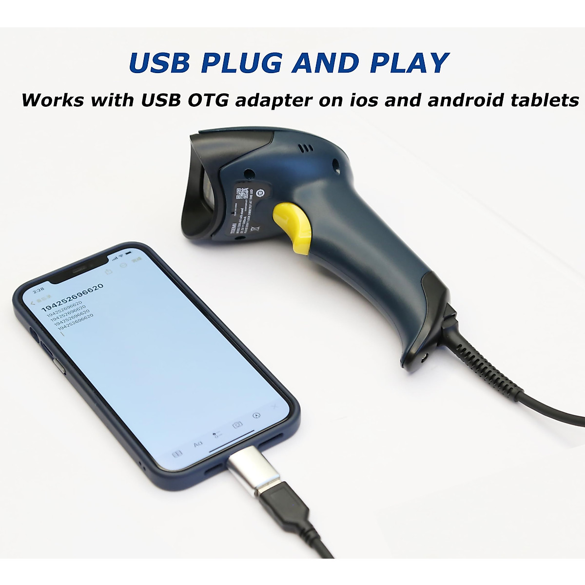 TEEMI 2D QR Barcode Scanner, USB Wired Virtual COM Port Handheld Omnidirectional Scanning, Digital Coupon Screen Code Driver License Scan for Mac OS and Android with OTG Adapter, Window PC, Linux