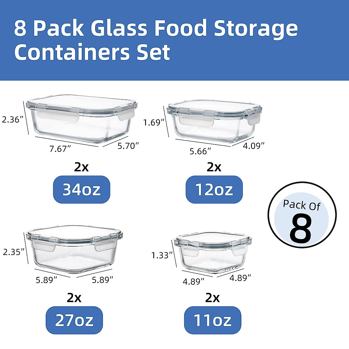 SHYRC 8 Pack Glass Food Storage Containers Set, Glass Meal Prep Containers with Leakproof Lids, Airtight Glass Lunch Containers, Ideal for Food Storage, On-the-Go, Leftover