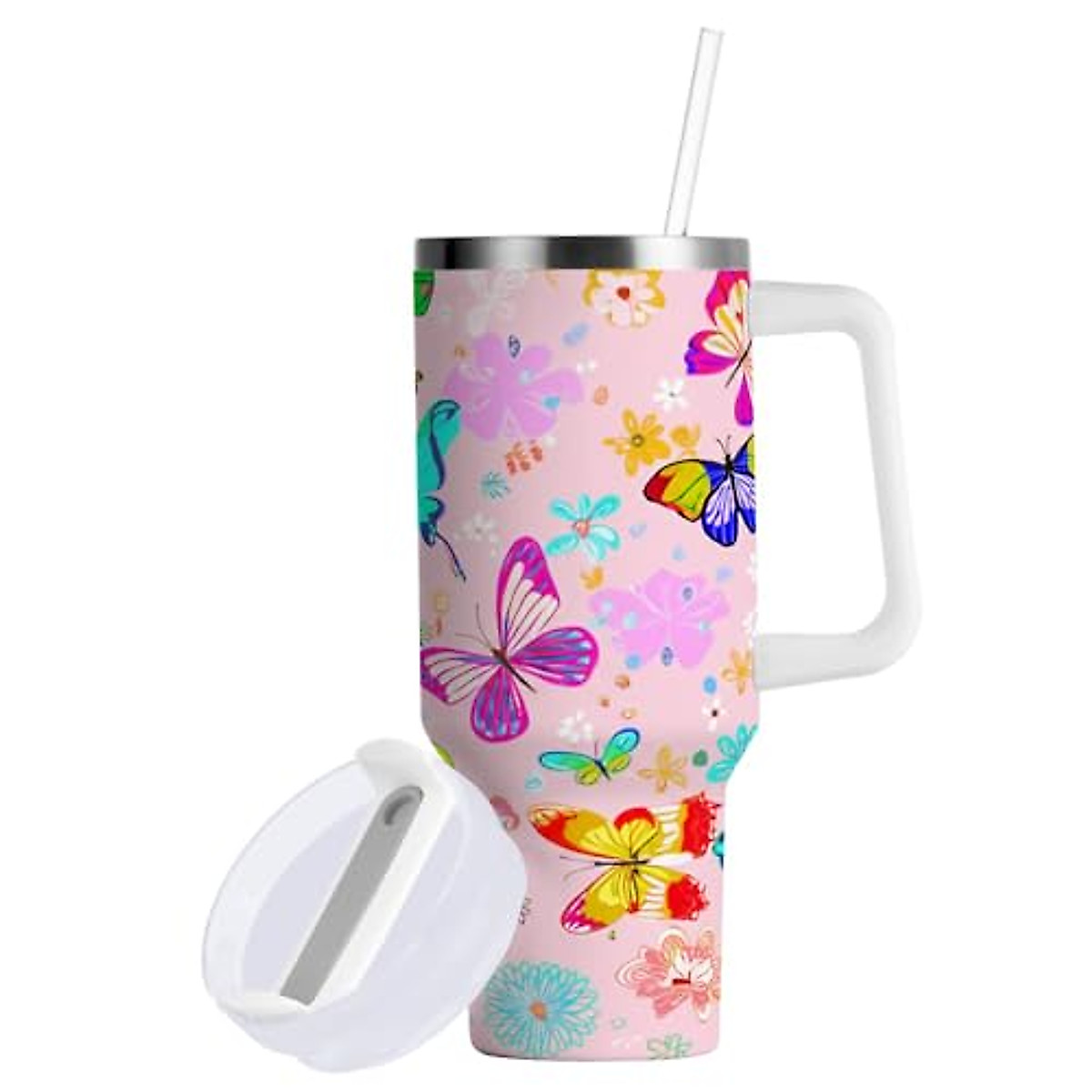 RPLIFE Colorful Butterfly Garden Pink 40oz Tumbler with Handle, Stainless Steel Cups with Lid, Tumbler for Men