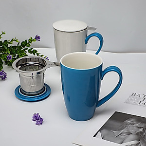amhomel Porcelain Tea Mug with Infuser and Lid, 16 Ounce Ceramic Tea Cup for Loose Leaf, Coffee, Cocoa and Milk, Tea Gift for Tea Lovers, Set of 2(Blue and White)