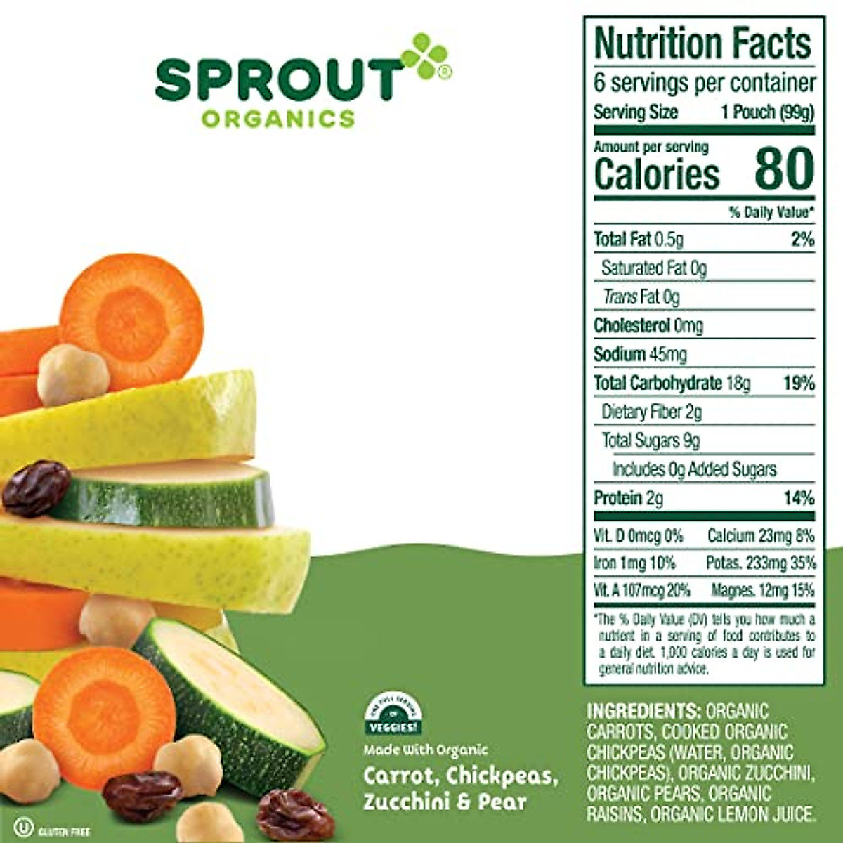 Sprout Organic Baby Food, Stage 2 Pouches, Carrot & Chickpea Plant Powered Protein, 3.5 Oz Purees (Pack of 12)