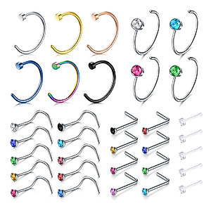 Zolure 18g 20g 22g Nose Rings Nose Studs Surgical Stainless Steel Screw L Shaped Pin Bone Nose Nostrial Piercing Jewerly for Women Men