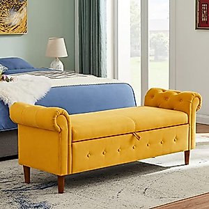Aoowow Storage Bench for Bedroom End of Bed Rolled Armed Linen Fabric Ottoman Couch Long Bench Window Sitting Fireplace Toy Storage Bench, Yellow