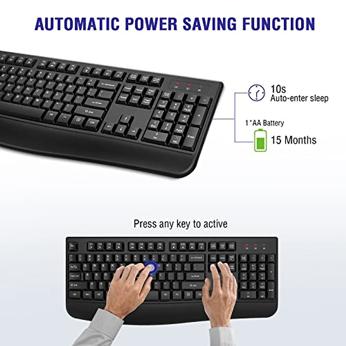 QUASIO Wireless Keyboard, 2.4G Full-Sized Ergonomic Wireless Computer Keyboard with Wrist Rest for Windows, Mac OS Laptop/PC/Desktop/Notebook (Black)