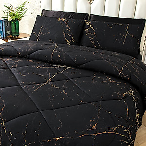 aoaoaoway Black King Marble Comforter Sets, 5 Pieces (1 Quilt + 2 Pillowcases + 2 Silk Pillowcases) Stylish Bedroom Design, Super Soft Silk Microfiber Quilt, All Seasons(Black4,King)