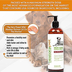RestoraPet Skin & Coat Essentials - Wild Alaskan Salmon Oil, Natural Liquid Health Supplement for Dogs and Cats - Support Shiny Fur & Seasonal Allergy Relief, Enriched with Omega 3-16 fl. oz. Bottle