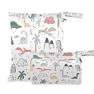 GOODOLD 2pcs Travel Wet and Dry Bag, Fashion Waterproof Wet Bags for Diapers, Swimwear, ect. Beach/Travel, Carton Dinosaur