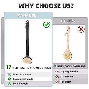 ZARCKER Long-Handled Shower Back Scrubber Brush, 17 Inch, Black, Deep Cleansing, Gentle Exfoliation