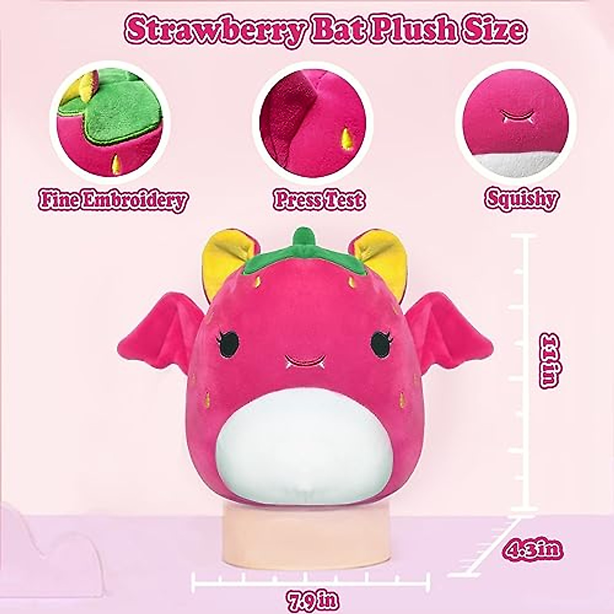 ROMINVIC Strawberry Bat Plush,8 inch Stuffed Animal Bat Plush Pillow, 3D Kawaii Bat Plushie Stuffed for Christmas Birthday Kids Gifts Home Decoration