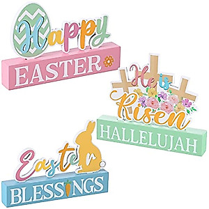 3 Pcs Happy Easter Decorations Eggs Bunny Cross Wooden Table Sign Easter Tabletop Centerpiece Signs Farmhouse Vintage Rustic Signs for Home Kitchen Easter Spring Birthday Party (Easter Sign)