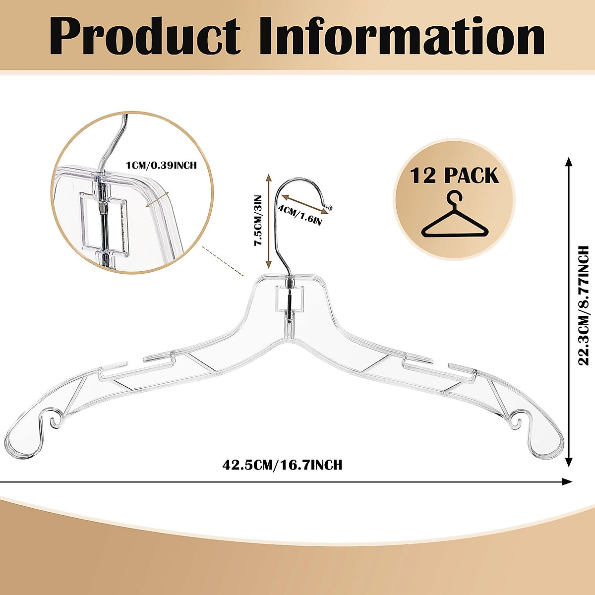 Vyndicca 12 Pack Clear Plastic Hangers,Shirt Hanger Clear Hangers with 360 Swivel Metal Hook,Heavy Duty Dress Hangers Coat Hangers for Clothes Shirts Dresses,16.7 Inch