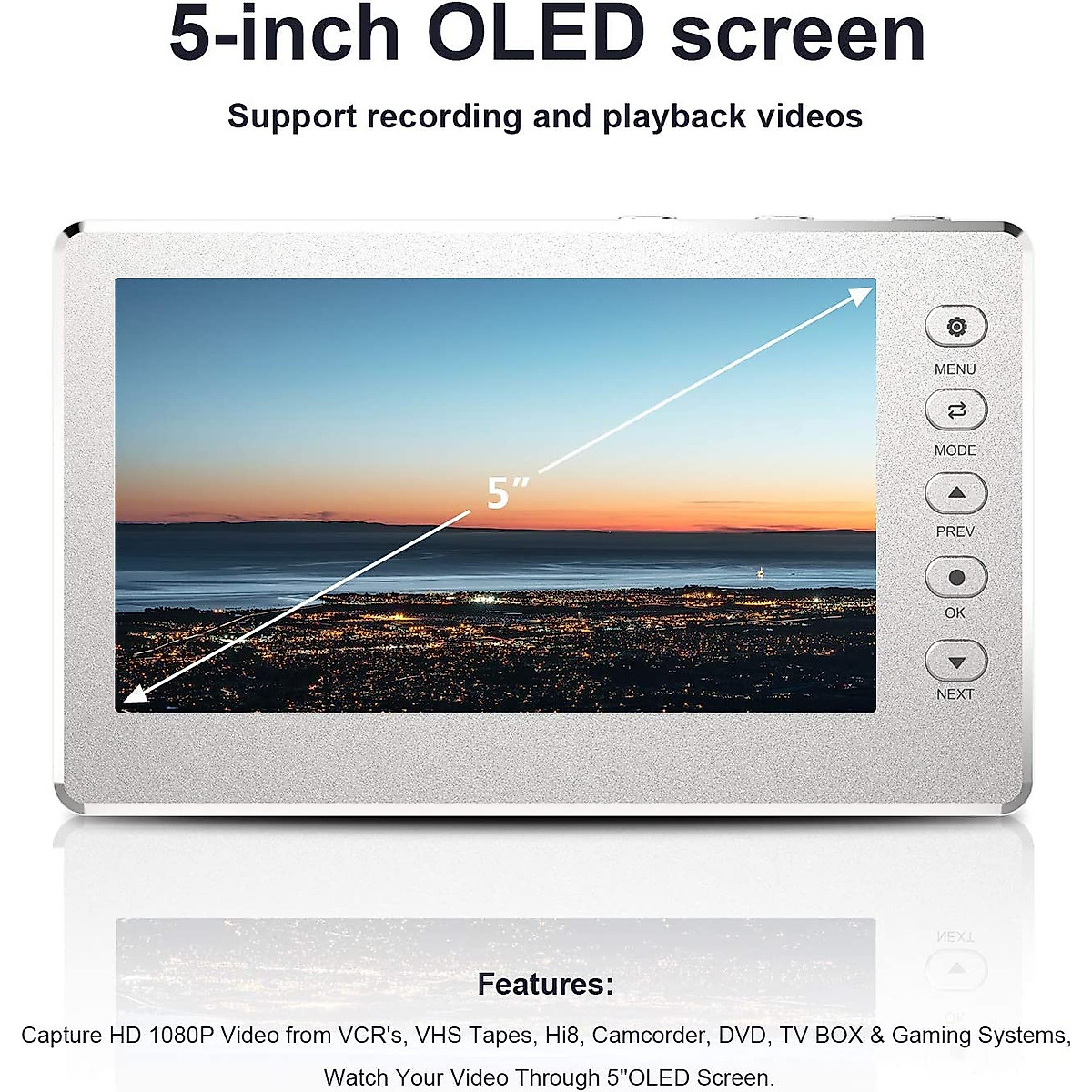 DIGITNOW HD Video Capture Box 1080P 60FPS USB 2.0 Video to Digital Converter with 5" OLED Screen, AV&HDMI Video Recorder Capture from VCR, DVD, VHS Tapes, Hi8, Camcorders, Gaming Systems -Silver