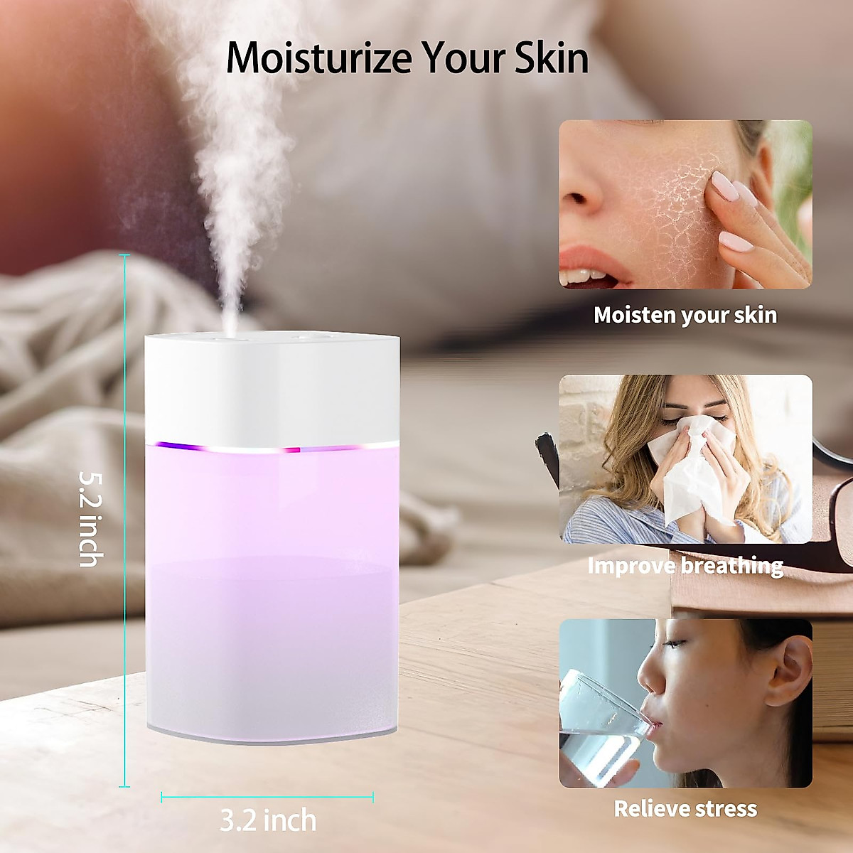 Small Humidifier, Mini Humidifier for Plant, 400ml Cool Mist Humidifiers for Bedroom, Desk Personal Humidifiers for Indoor Office Car, Portable Humidifier for Double Nourishment-White