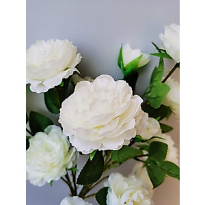 Artfen 5 Pcs Artificial Silk European Rose Flower Peony Flower Long Stem Fake Plastic Flowers Home Garden Party Wedding Decoration DIY Wreath Approx 26'' High White