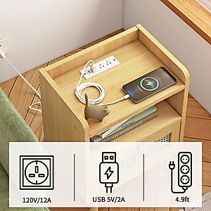 Fixwal Nightstands Set of 2 with Charging Staion, Night Stand with Rattan Decor Drawer, Open Storage Side Table Bedside Table with Solid Wood Feet for Bedroom, Natural