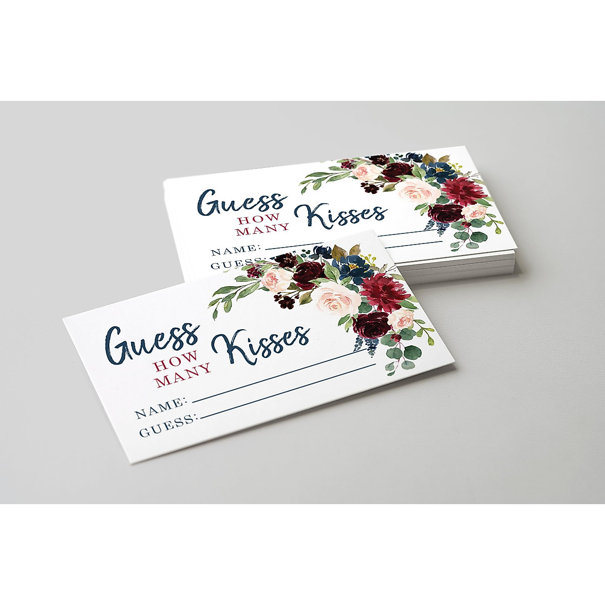 Your Main Event Prints Burgundy and Navy How Many Kisses Game Sign and Cards Great for Bridal Showers and Weddings, Neutral Floral