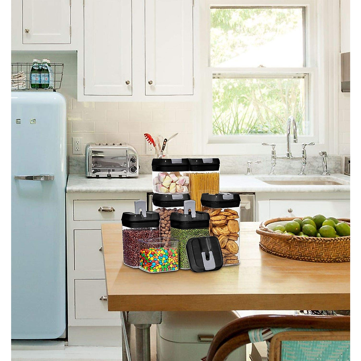 Airtight Food Storage Container Set-CINEYO-7 Piece Set Clear Plastic Canisters For Cereal, Flour with Easy Lock Lids, for Kitchen Pantry Organization and Storage, Include Labels and Marker (Black)