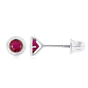 Sterling Silver Rhodium 3mm Round Ruby Rope Bezel Screwback Earrings