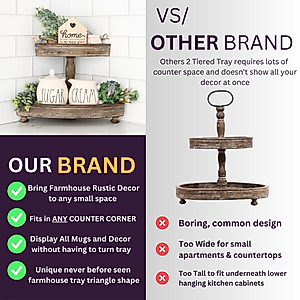 Corner Round Tiered Tray Stand 2 Tier Tray Stand Small Farmhouse Kitchen Decor Coffee Corner Counter Shelf Kitchen Counter Farmhouse Decor Rustic Home Decor Brown Wood Wooden Two Tiered Tray Decor