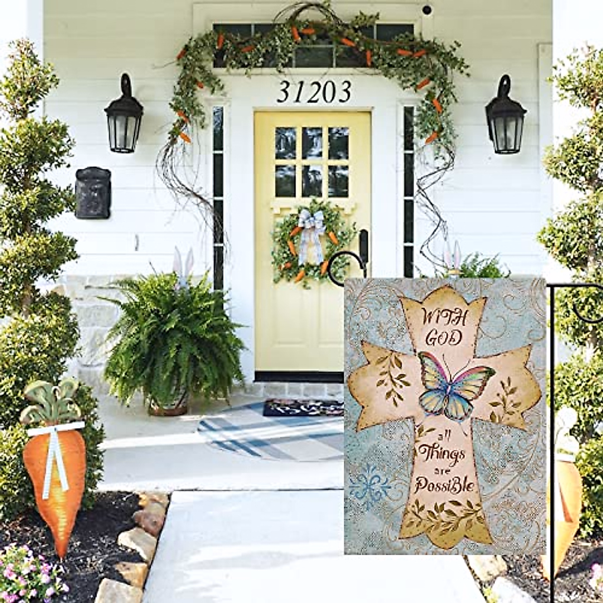 Dyrenson Decorative 28 x 40 Religious House Flag Cross Double Sided Christian Faith, with God All Things are Possible Burlap Yard Decoration, Butterfly Outdoor Décor Large Flag Spring Summer Easter