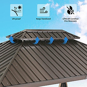 10'x12' Hardtop Gazebo, Outdoor Aluminum Permanent Pavilion Gazebo with Curtains and Netting, Brown Galvanized Steel Metal Double Roof Canopy Gazebo and Aluminum Frame for Patios, Gardens, Lawns