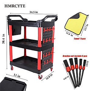 Auto Detailing Tool Cart, 3 Tier Service Rolling Utility Carts 550 lb Car Organizer Heavy Duty with Wheels Side Hanging Plate & Hooks for Car Salons Train Carriages Warehouse, Home DIY