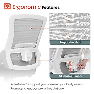 NEO CHAIR High Back Mesh Chair Adjustable Height and Ergonomic Design Home Office Computer Desk Chair Executive Lumbar Support Padded Flip-up Armrest Swivel Chair (Grey)